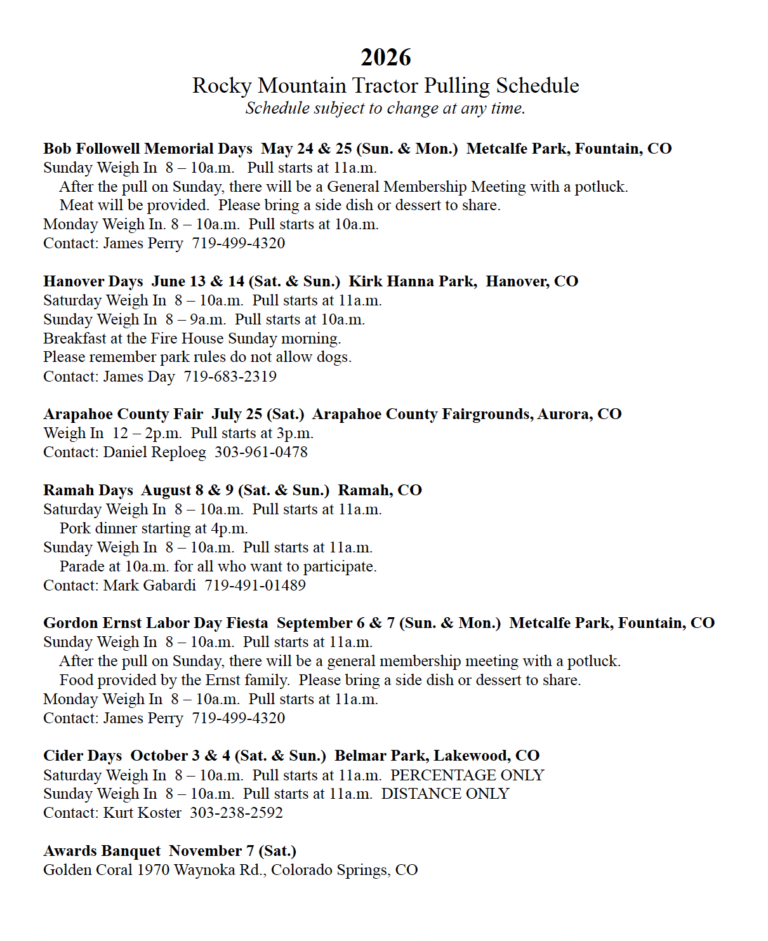 Pulling Schedule - Rocky Mountain Tractor Pullers Association, Inc.